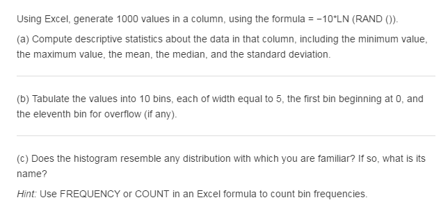 Using Excel Generate 1000 Values In A Column Using The Formula 10 Ln 